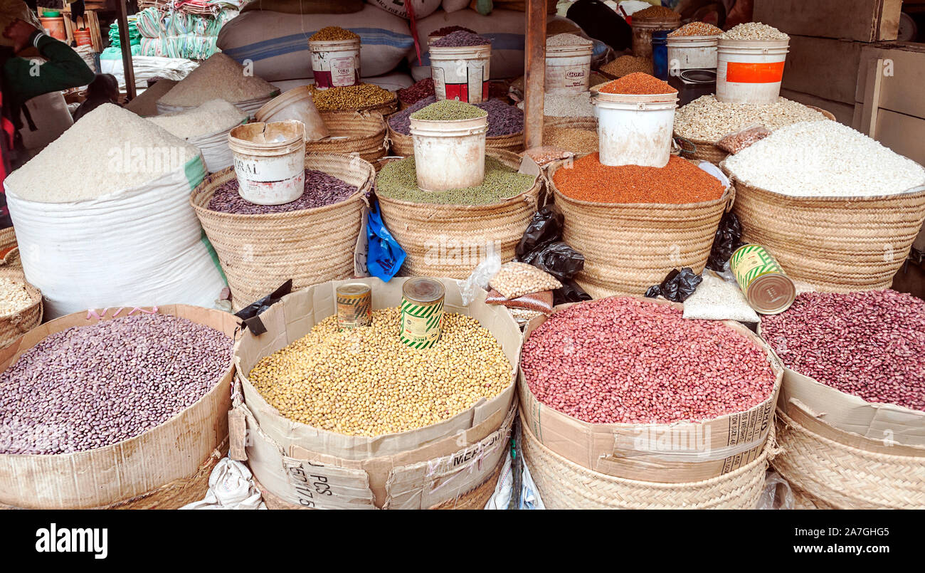 ARUSHA, TANZANIA - MAY 2014. Vegetable sacks in a Tanzanian market ...