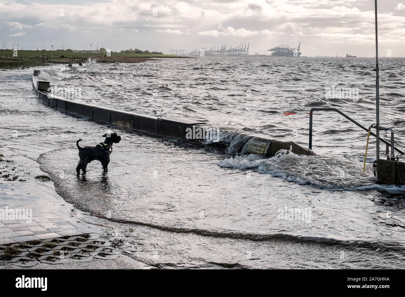 Splash of a wave on the flooded embankment near sea. It is written in ...