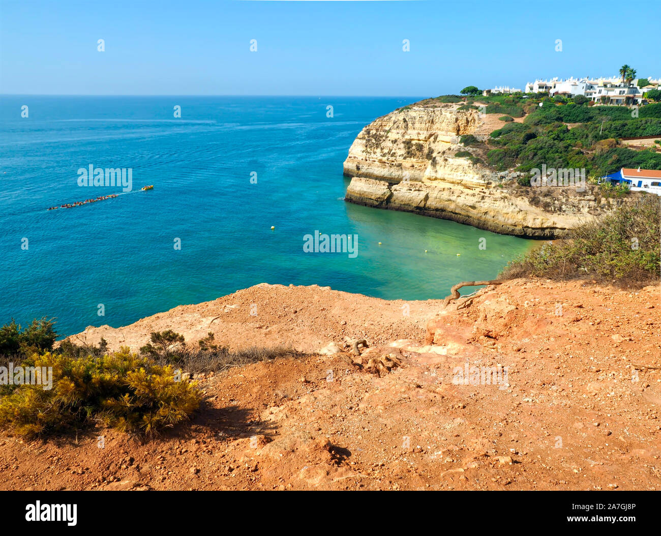 Aerial view of the beach of Benagil cave in Lagoa at the Algarve coast ...
