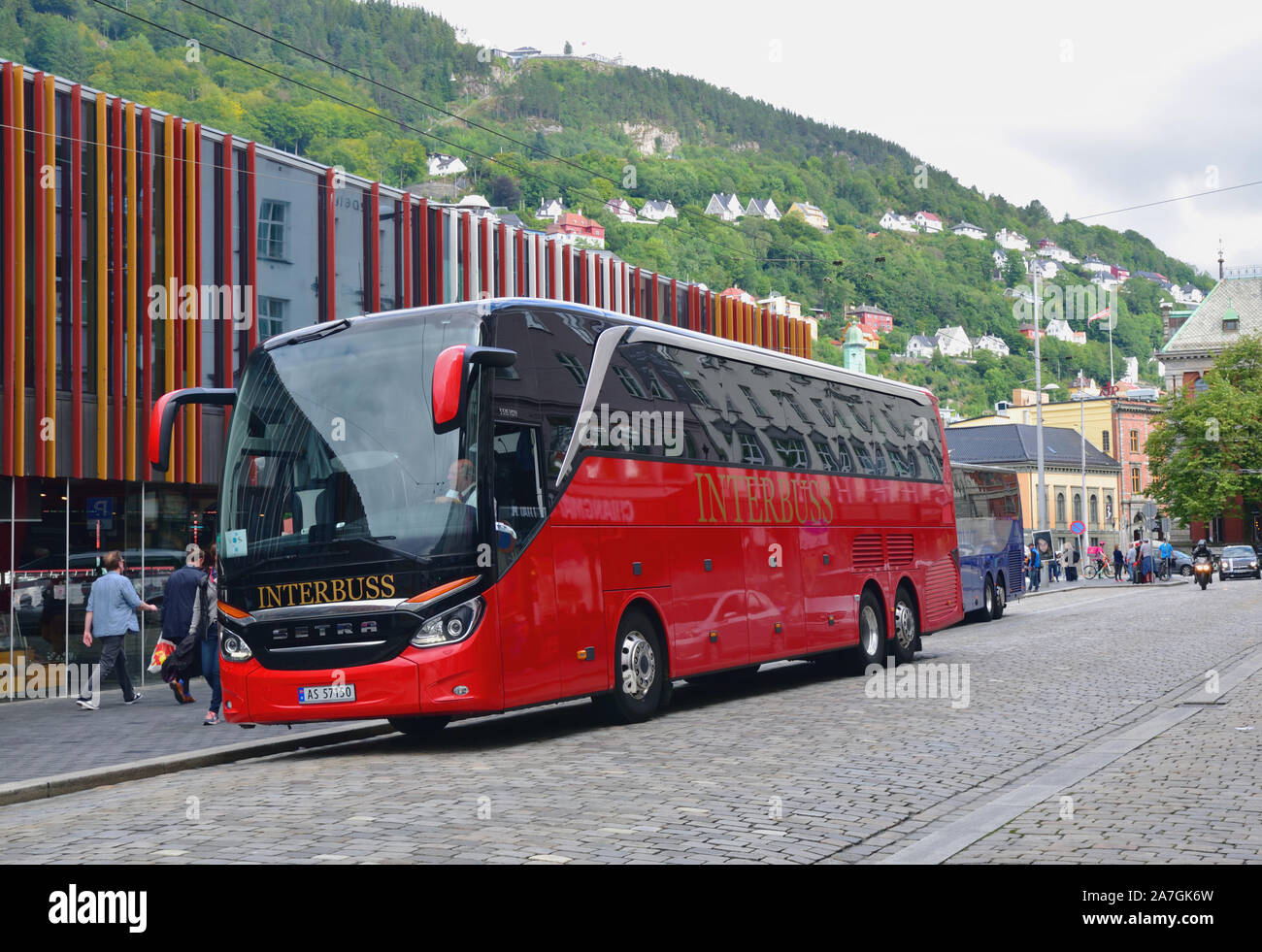 An Interbuss Setra S516HDH waits near the Fish Market in Bergen, Norway ...