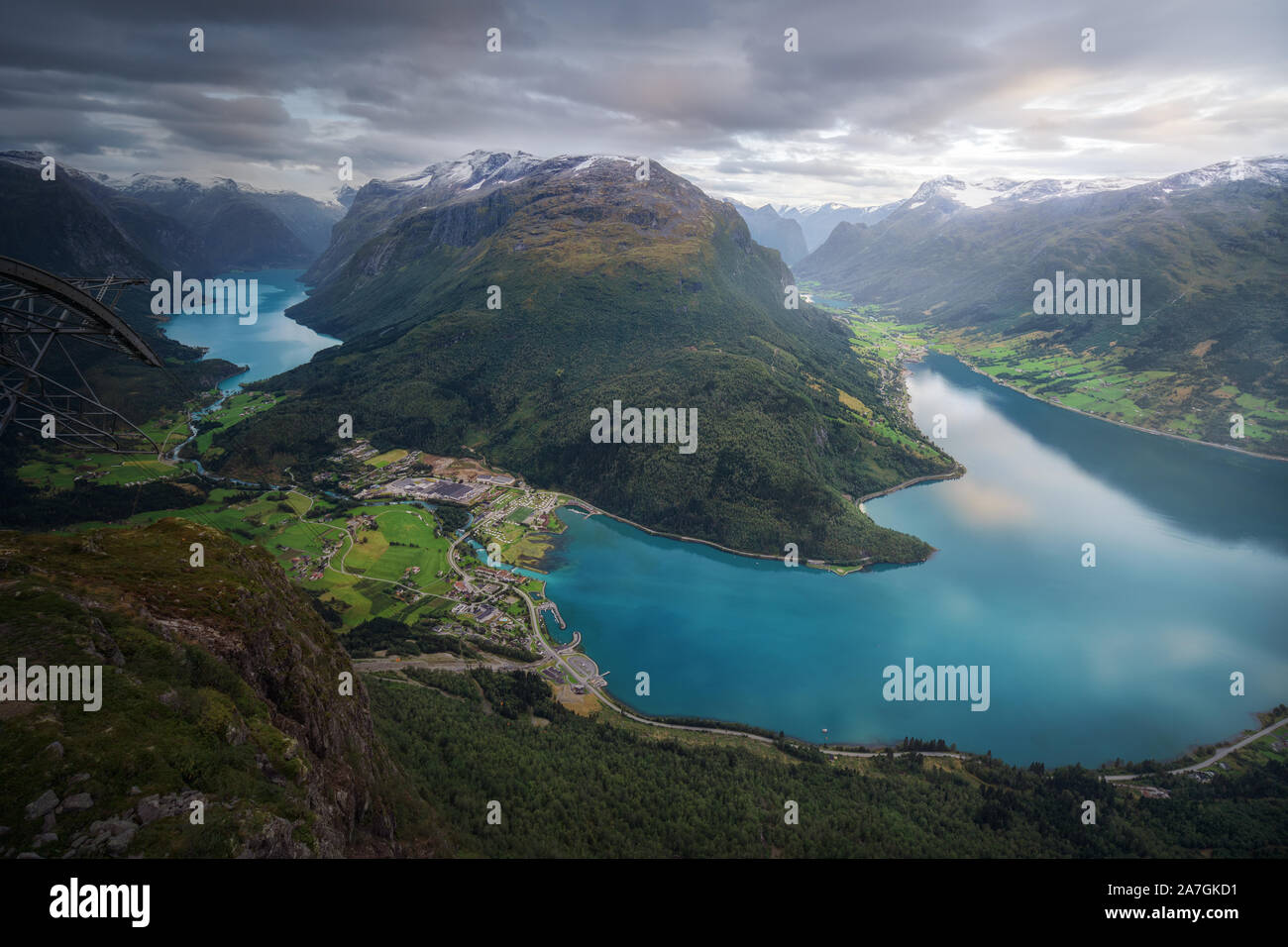 Loen from the top of Mt Hoven, Norway. The village of Loen is located ...