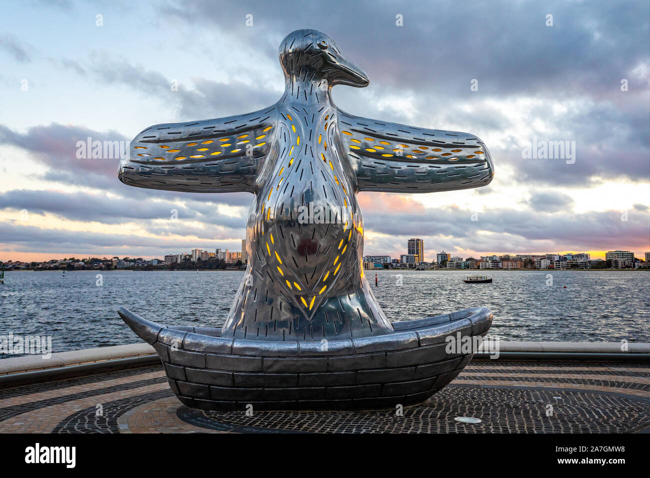 First Contact sculpture artwork illuminated at sunset at Elizabeth Quay ...