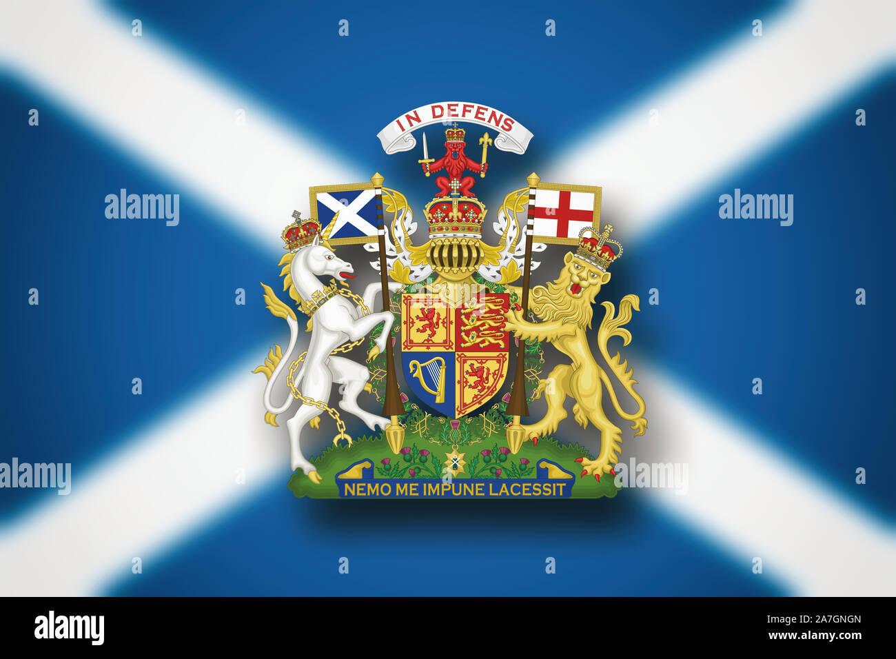 The coat of arms of Scotland and the blurred flag of Scotland in the ...