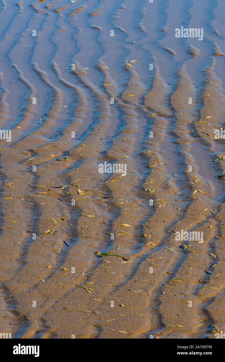 patterns in the sand on a wet beach at the seaside with ridges at low ...