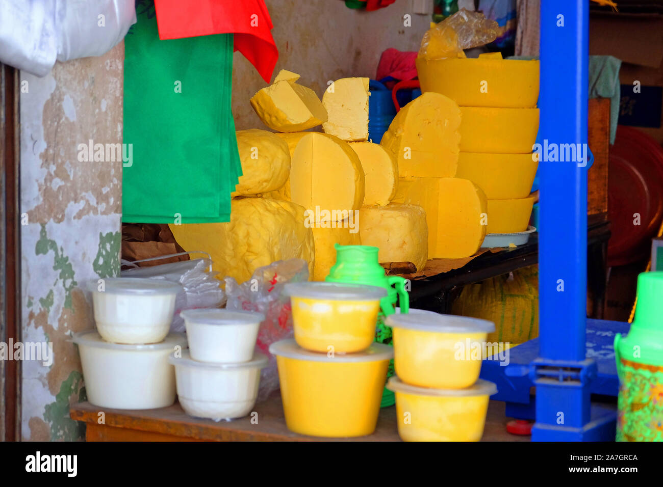 Traditional Tibetan butter exposed in a local market in Lhasa, Tibet ...