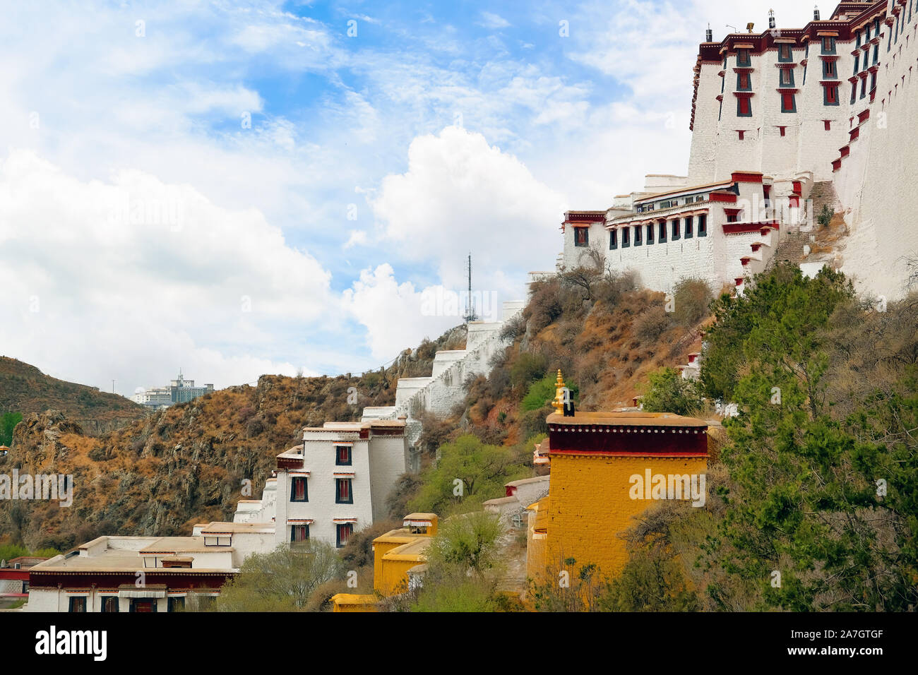 Lateral view of the Potala Palace in Lhasa, Tibet, surrounded by green ...