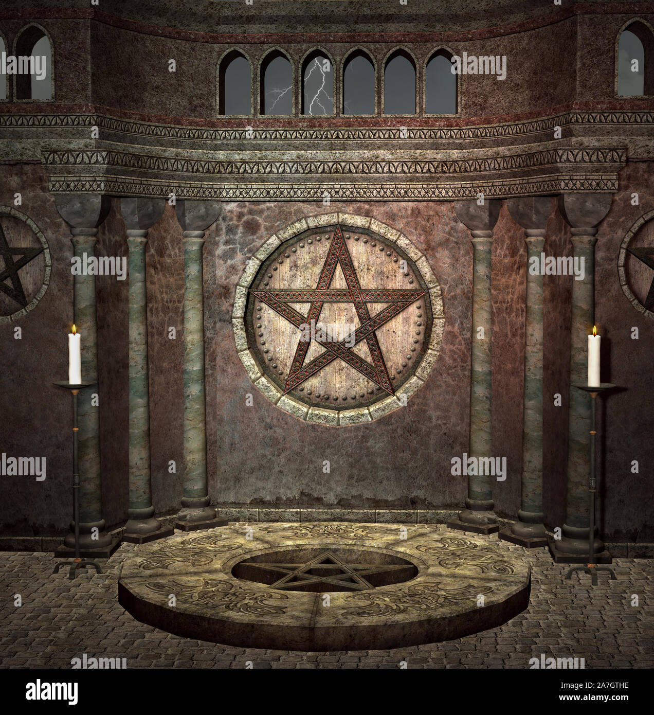 Medieval dark chamber with a pentacle Stock Photo - Alamy