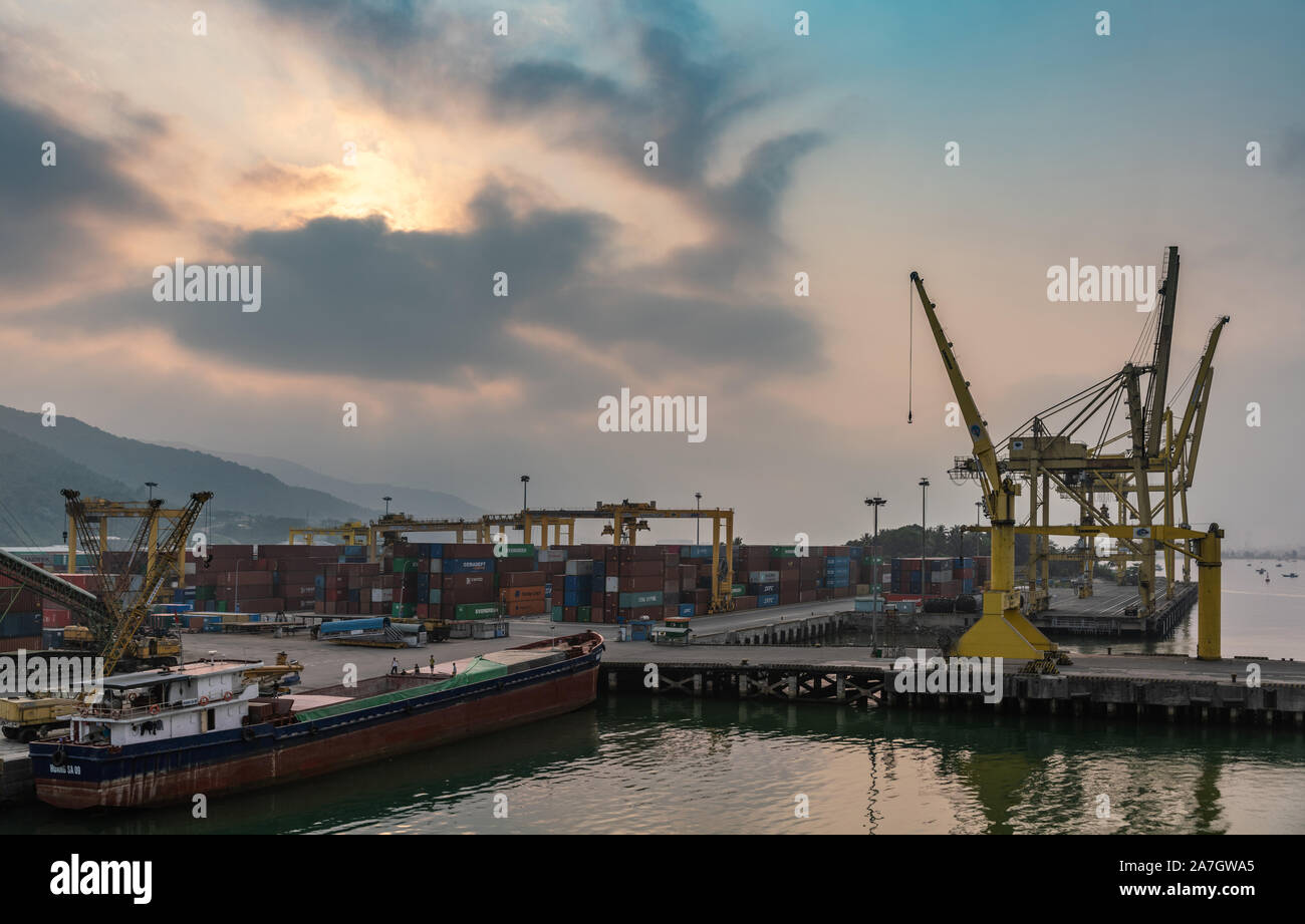 Da Nang, Vietnam - March 10, 2019: Tien Sa Port in Da Nang Bay. Small ...