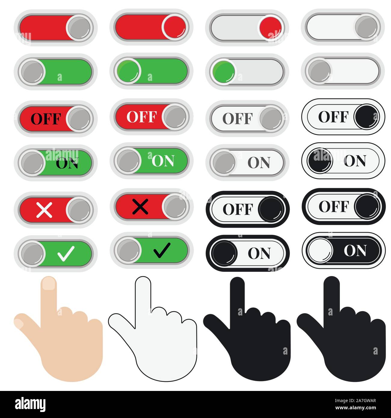 Vector illustration On Off sliders and hands icon set isolated on white background Stock Vector ...