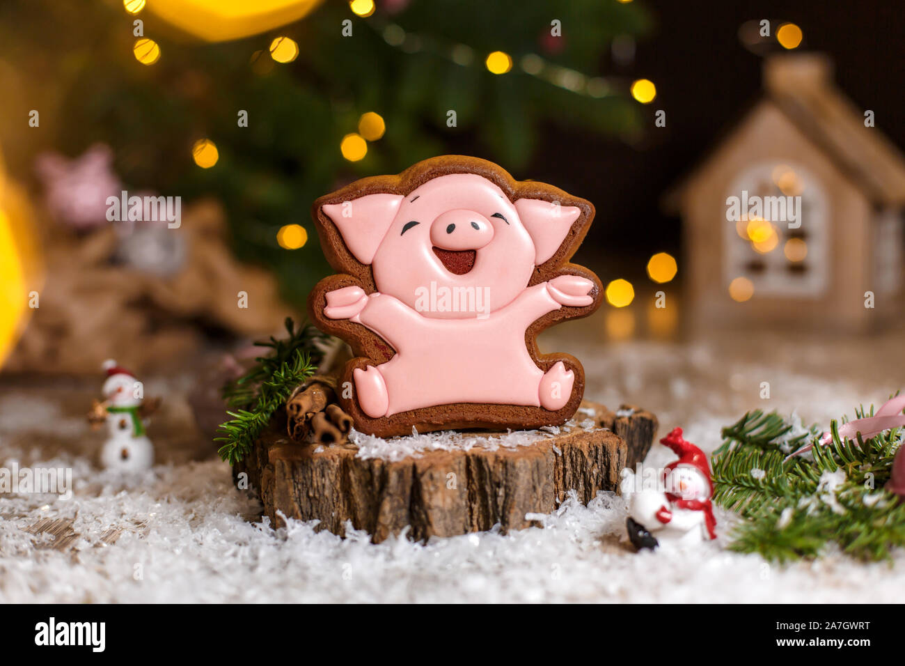 Holiday traditional food bakery. Gingerbread lucky pink pig with 2019 ...