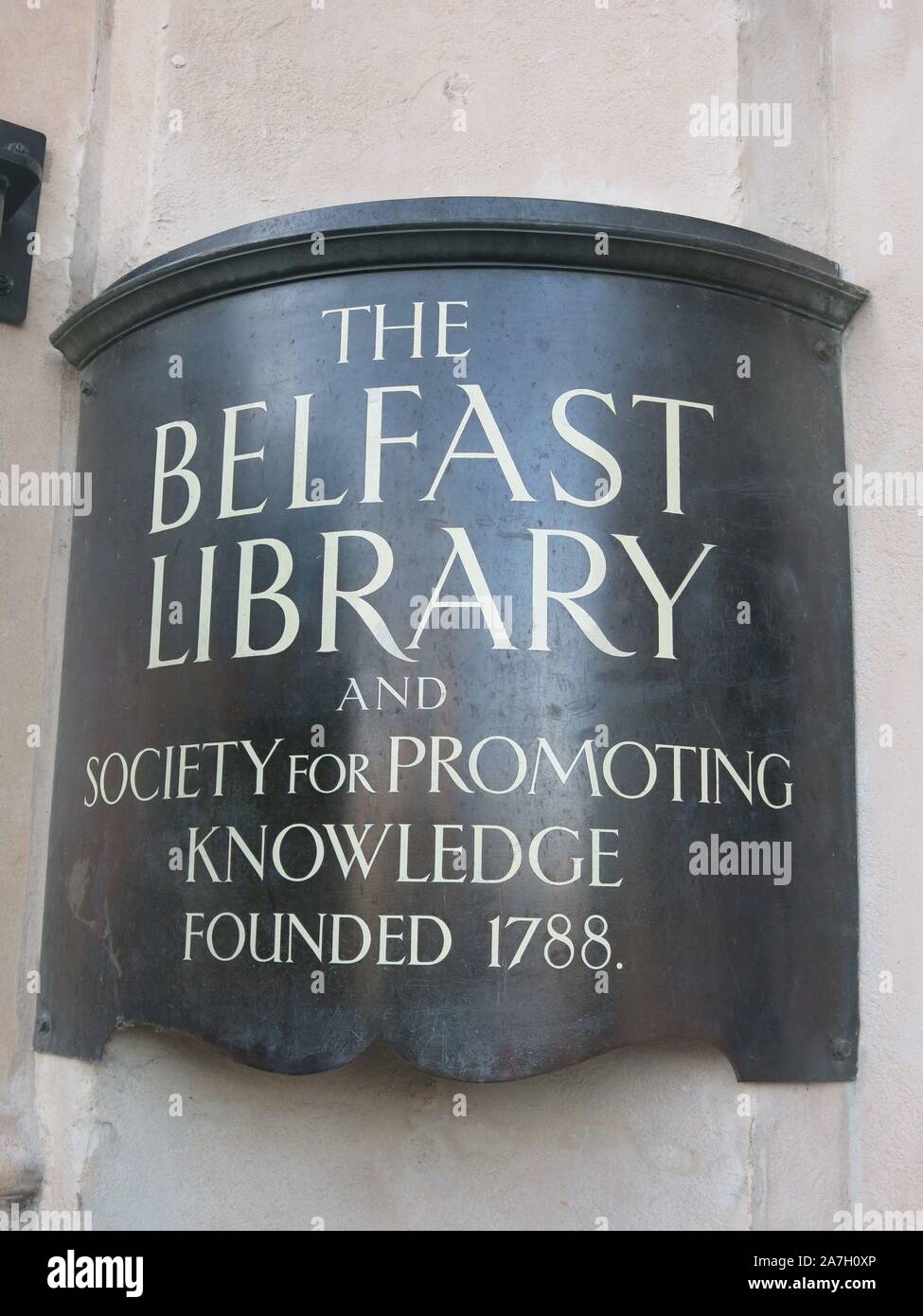 Nameplate on a pillar at the entrance to: "The Belfast Library and ...