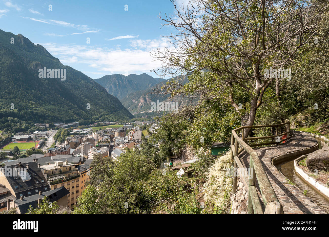 Aerial view of Andorra la Vella with the mountains of the Pyrenees in ...
