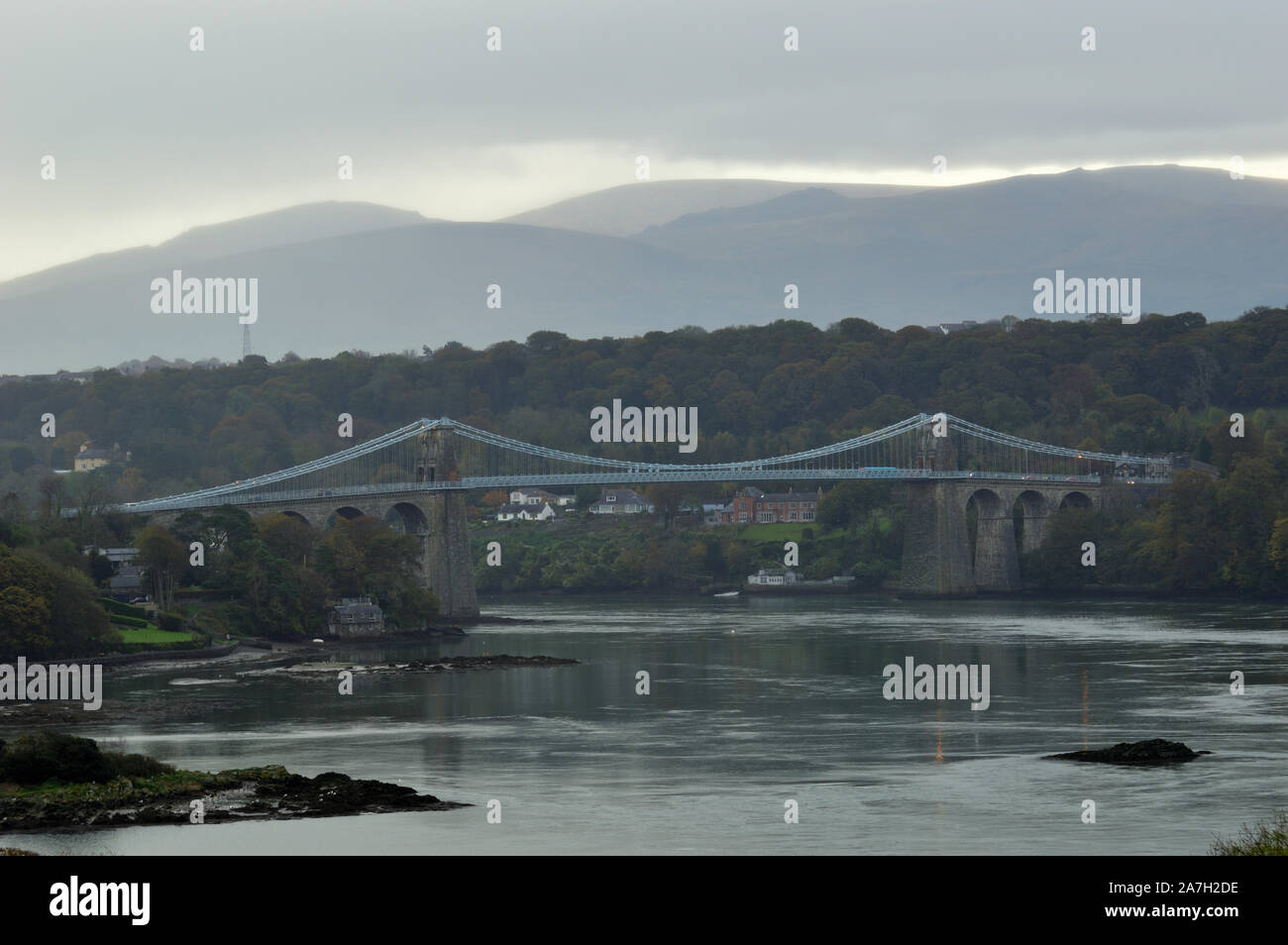 Menai bridge, North Wales, Snowdonia, UK - October 2019: Autumnal trees ...