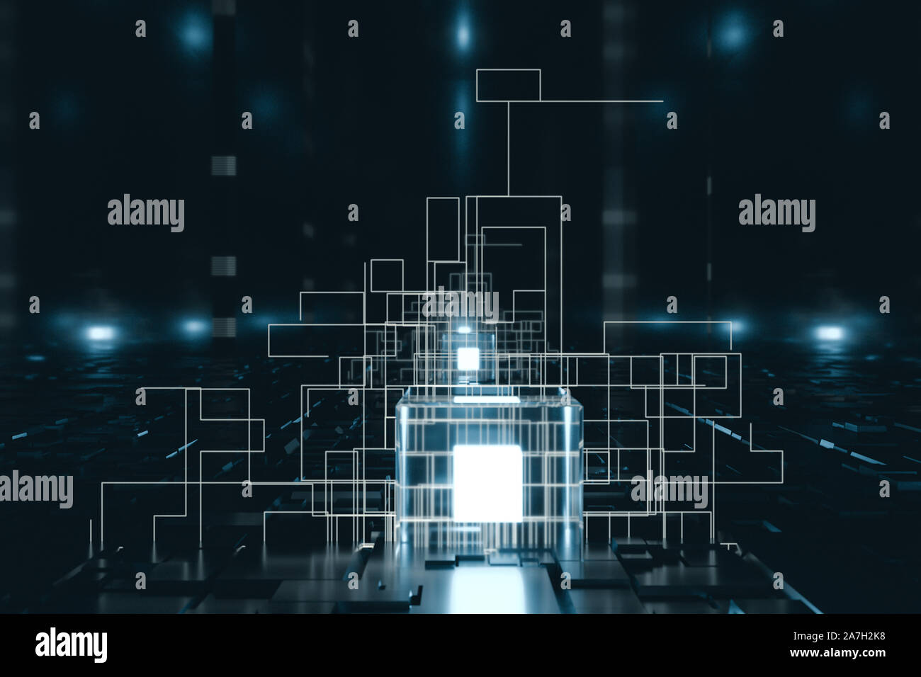 Glowing cubes with circuit lines with dark background, 3d rendering ...