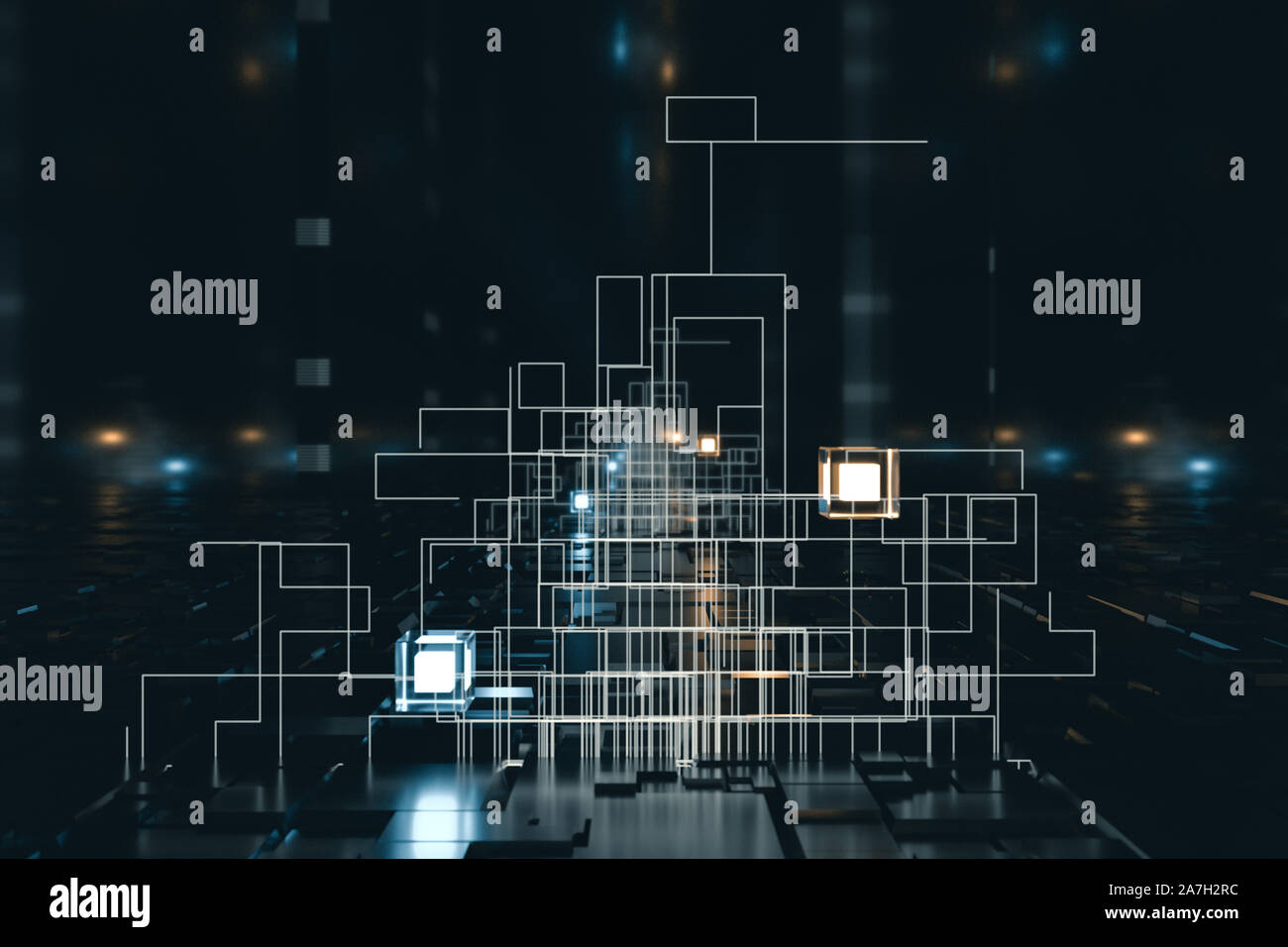 Glowing cubes with circuit lines with dark background, 3d rendering ...
