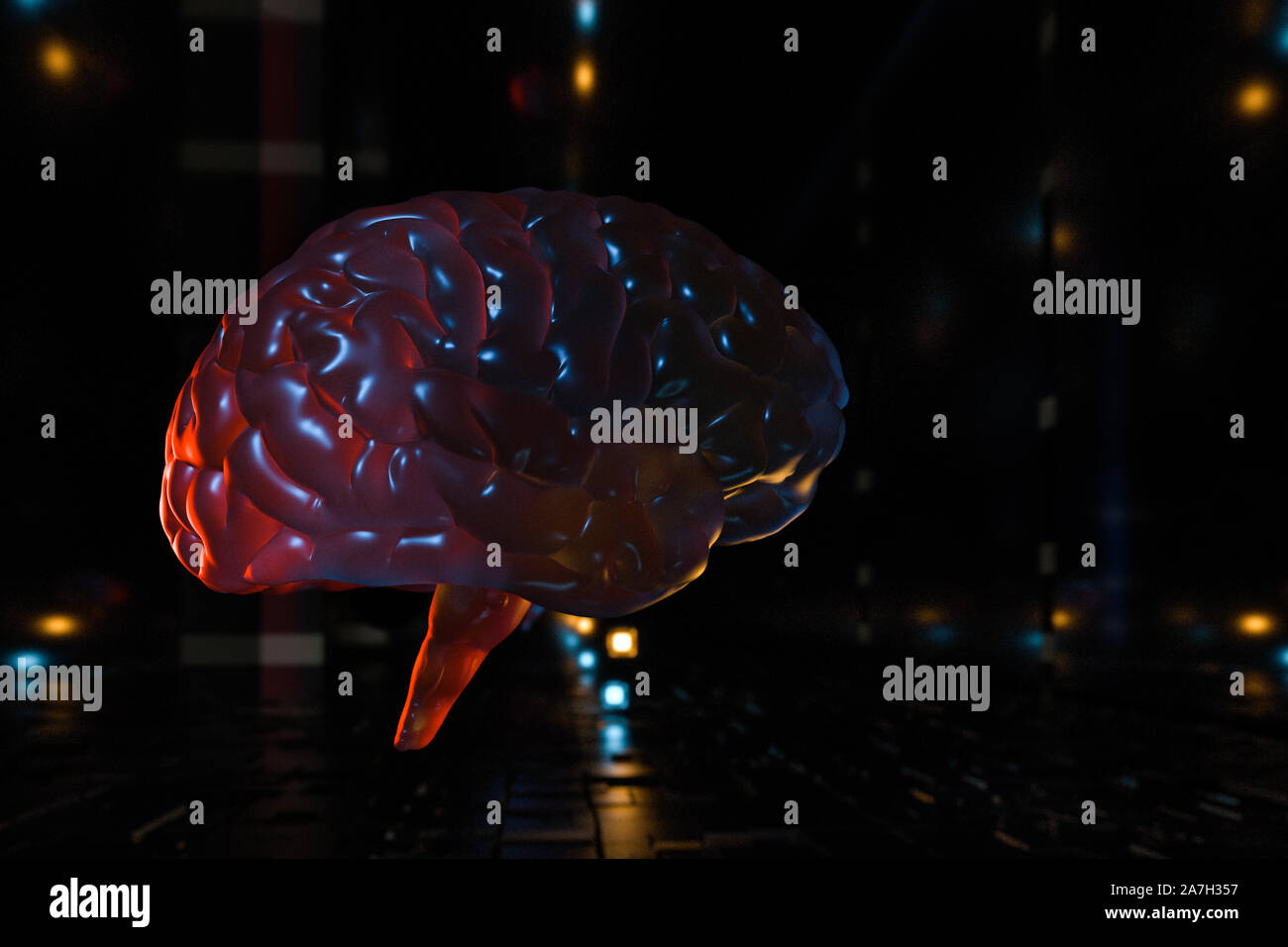 Brain and dark cubic space background, 3d rendering. Computer digital ...