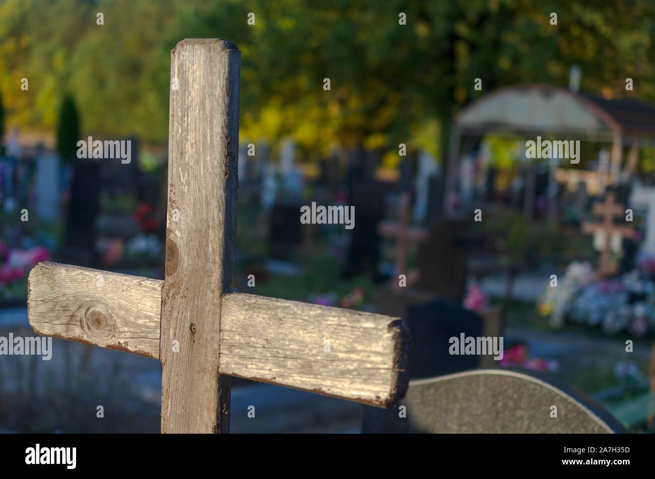 Gloomy crosses on the graves of a cemetery. Halloween Stock Photo - Alamy