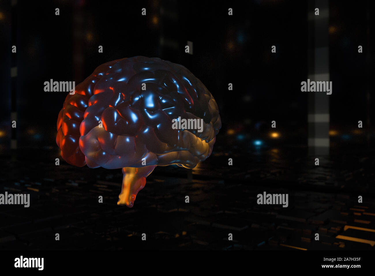 Brain and dark cubic space background, 3d rendering. Computer digital ...