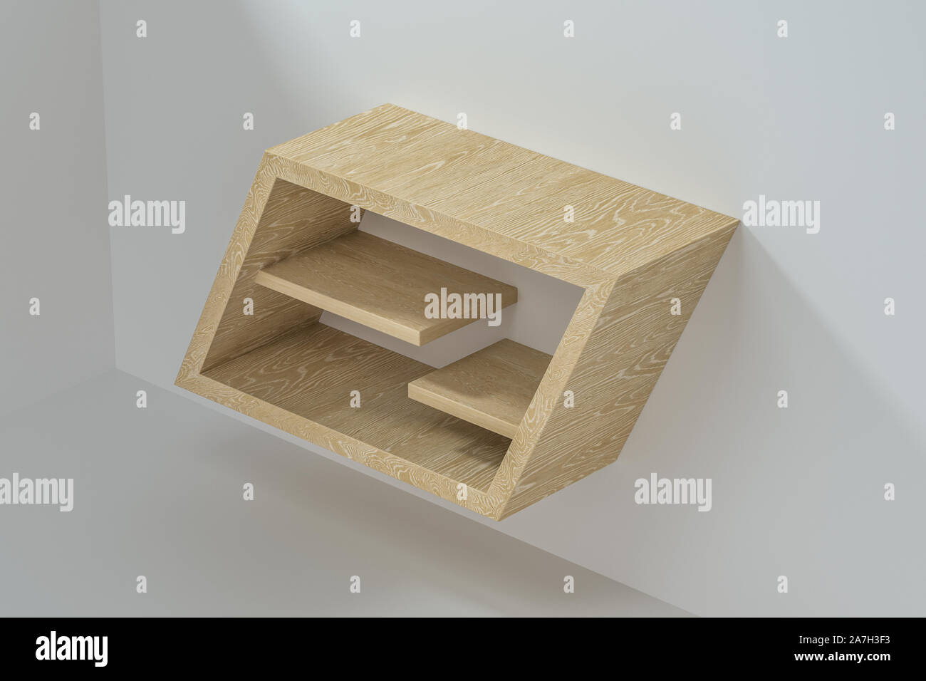 Empty wooden cube shelf in the empty room, 3d rendering. Computer ...