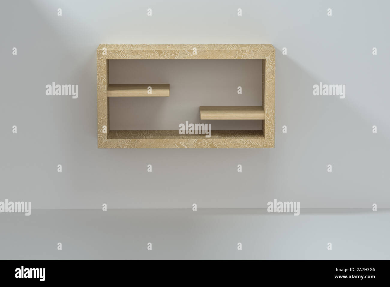 Empty wooden cube shelf in the empty room, 3d rendering. Computer ...