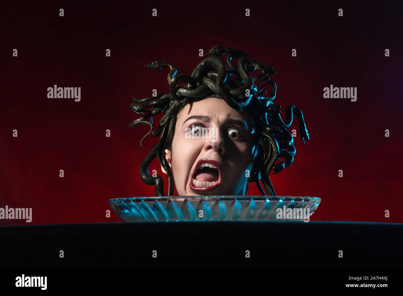 chopped off head of medusa gorgon on dish looking at camera screaming ... chopped off head of medusa gorgon on dish looking at camera screaming ...