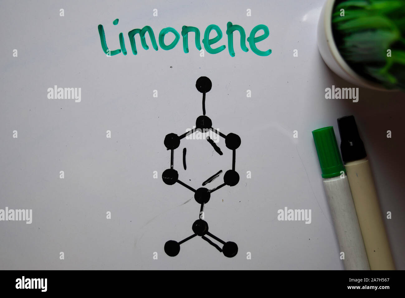 Limonene. Colorless liquid hydrocarbon molecule write on the white ...