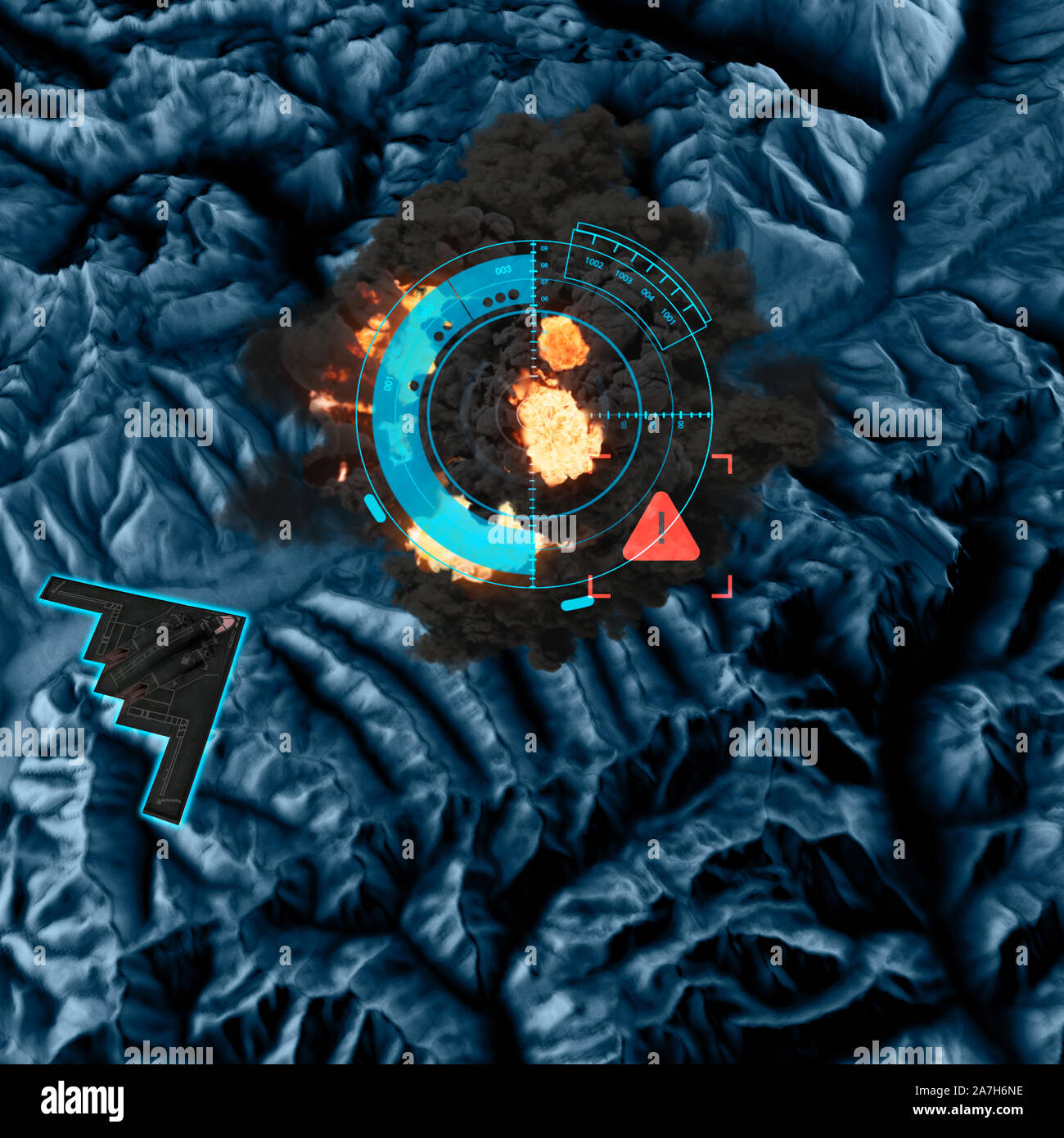 Satellite view of land, war operations, sci-fi, night vision with blue ...