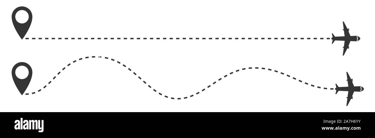 Linear dotted flight path of an airplane. Black vector illustration ...