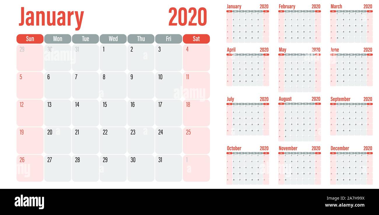 Calendar planner 2020 template vector illustration all 12 months week ...