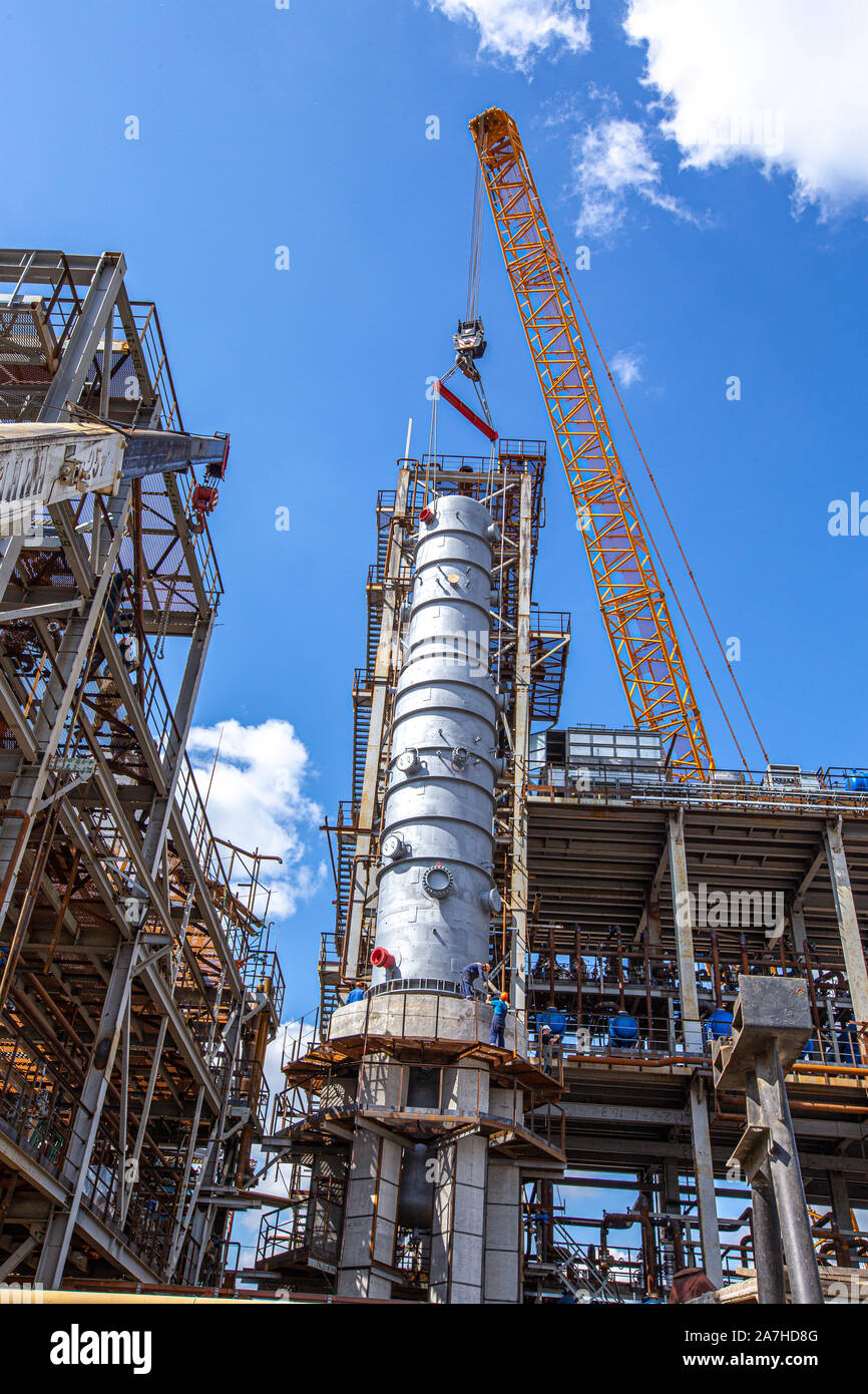 MOSCOW, RUSSIA, 08.2018: Construction of an oil refinery near Moscow ...