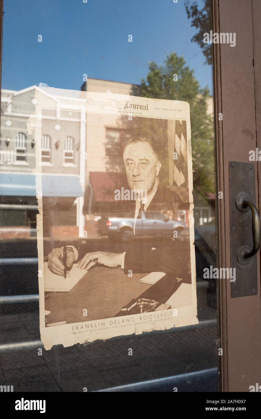 Old newspaper cover of FDR inauguration on a door in downtown Pendleton ...