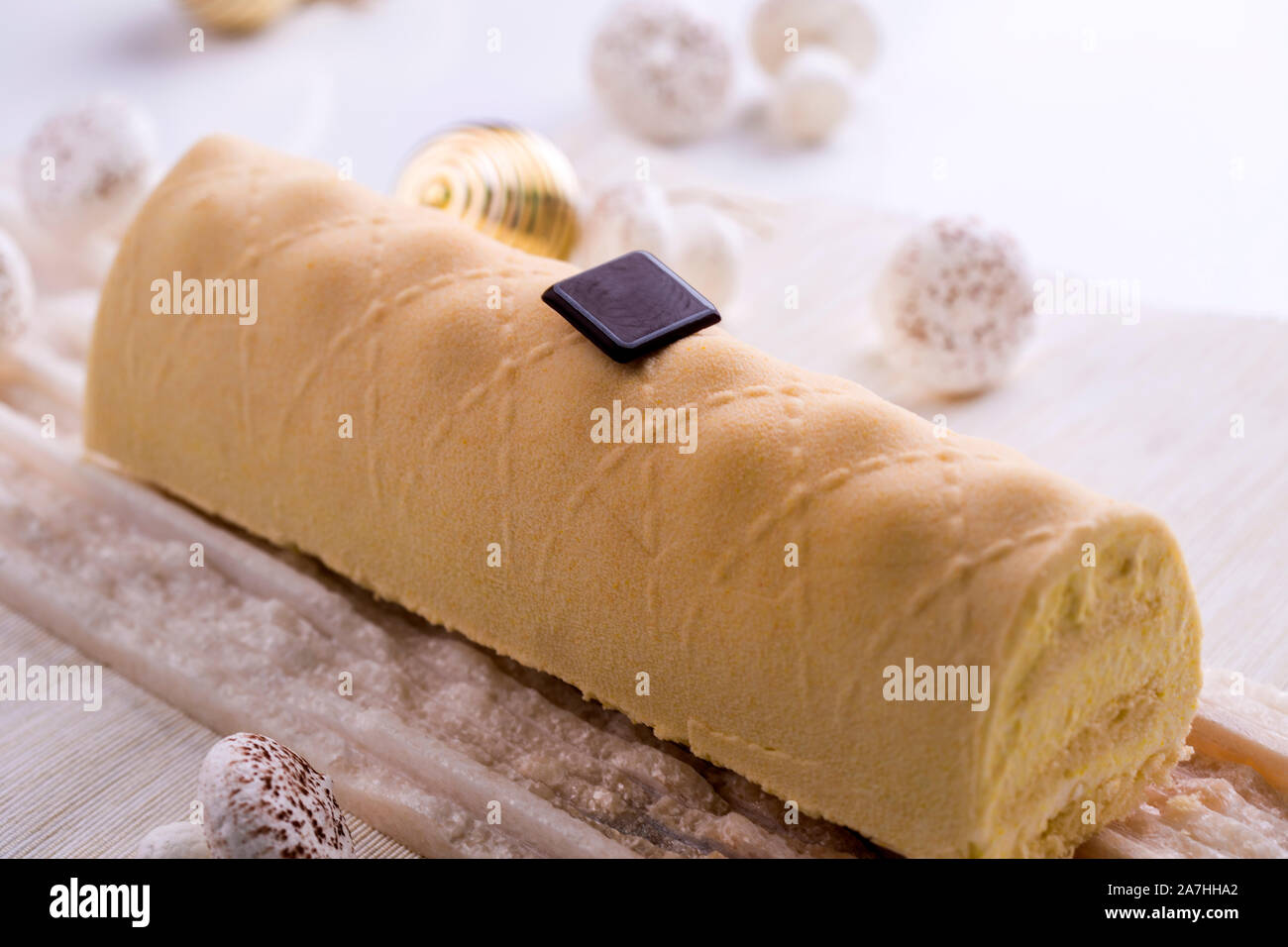 Christmas white Chocolate log cake Stock Photo - Alamy