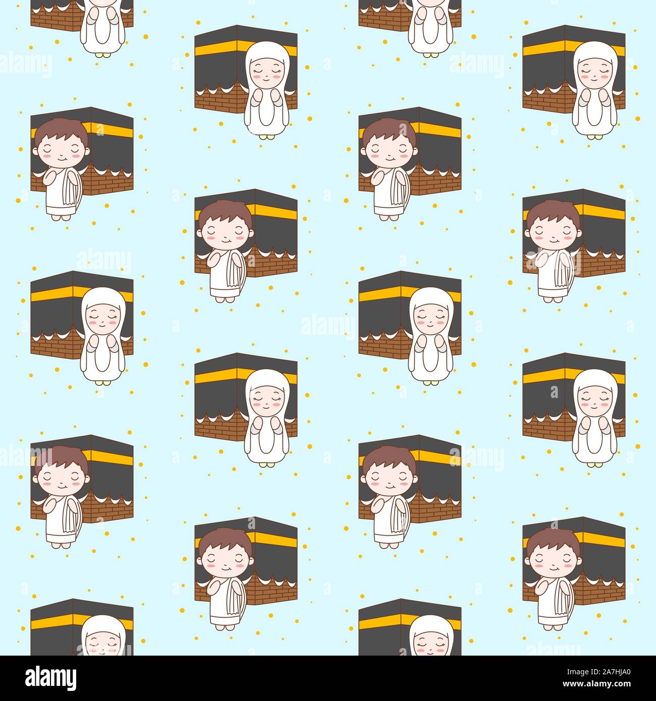 Cute Boy Praying in Kaaba. Muslim Kid seamless pattern Vector ...