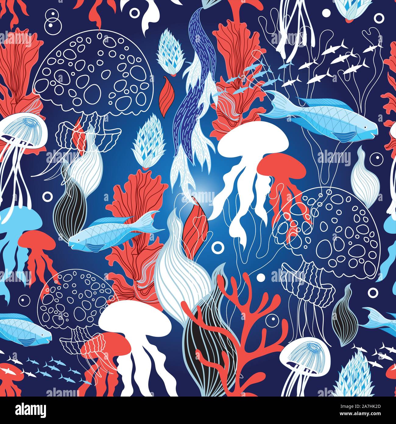 Seamless sea pattern with jellyfish and fish on dark background with ...