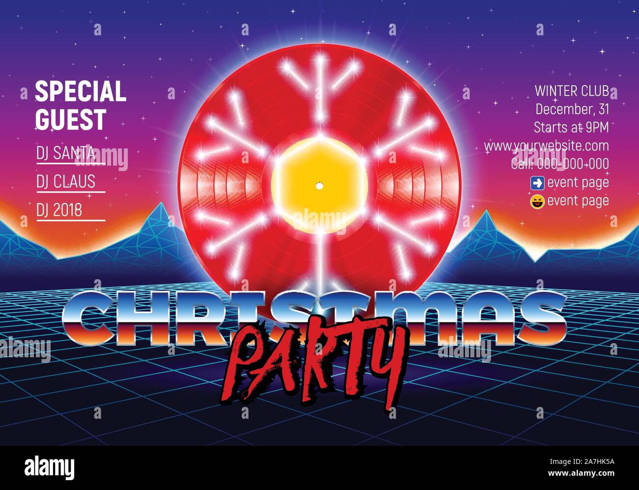 Christmas party invitation poster or flyer with 80s neon style and ...