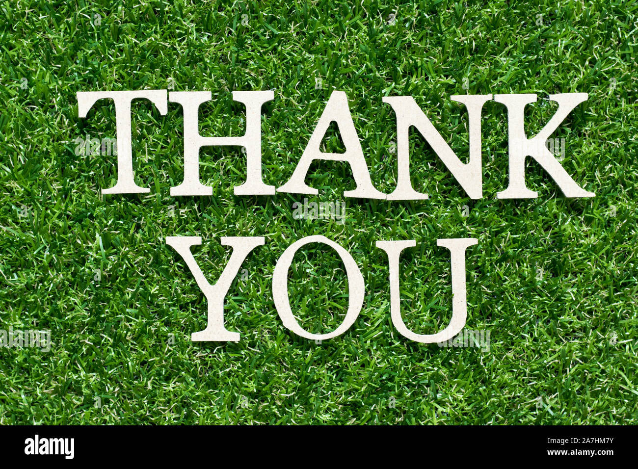 Wood alphabet letter in word thank you on artificial green grass ...
