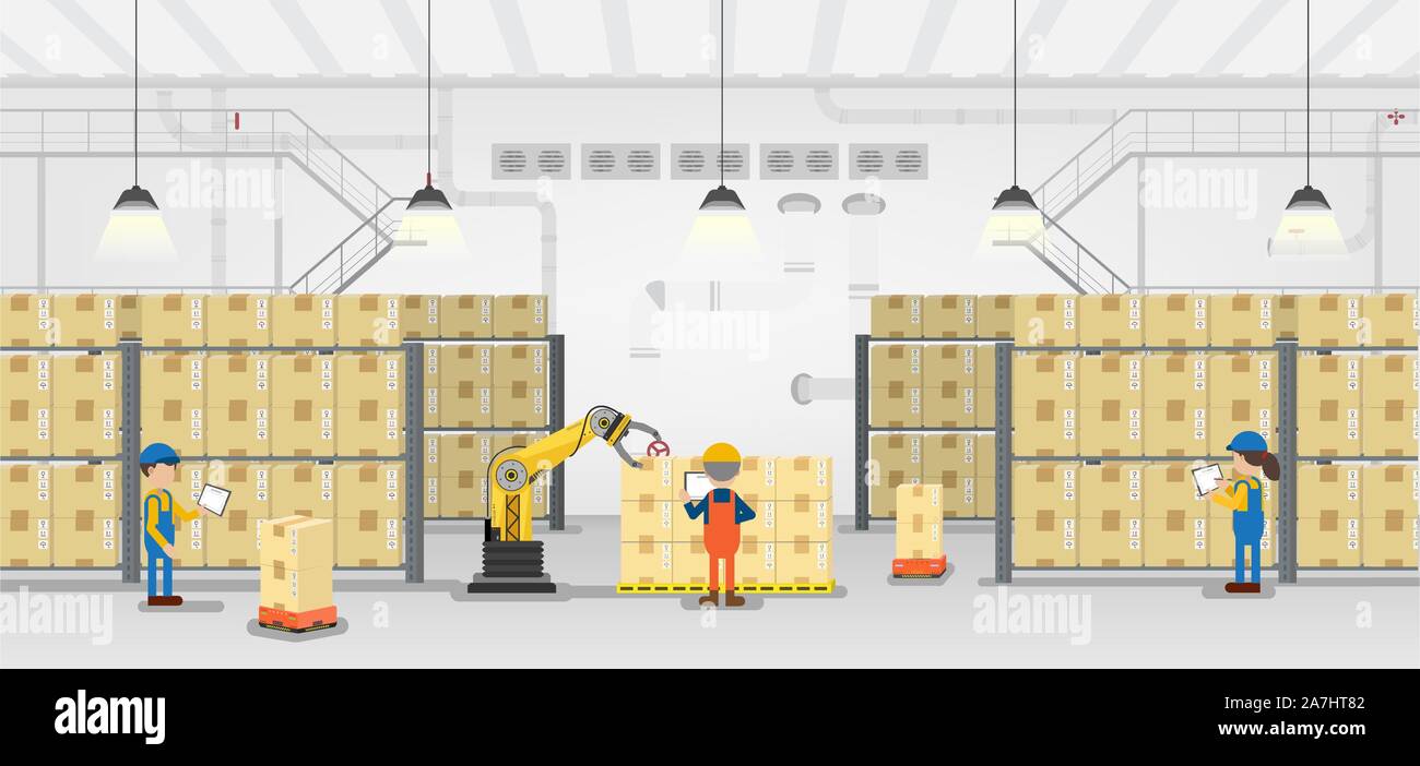 Warehouse in process with workers working flat design vector ...