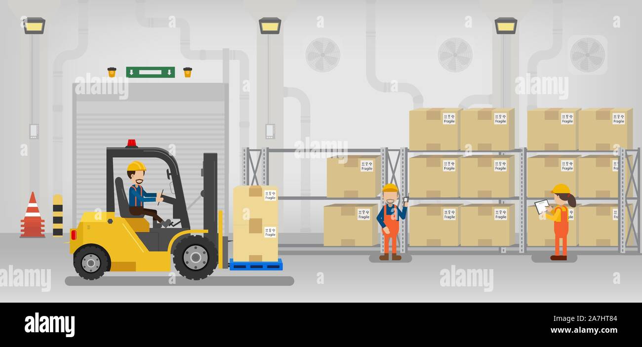 Warehouse in process with workers working flat design vector ...