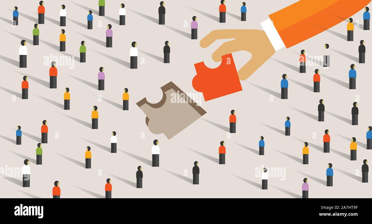 Market gap concept business man holding jigsaw puzzle around people ...