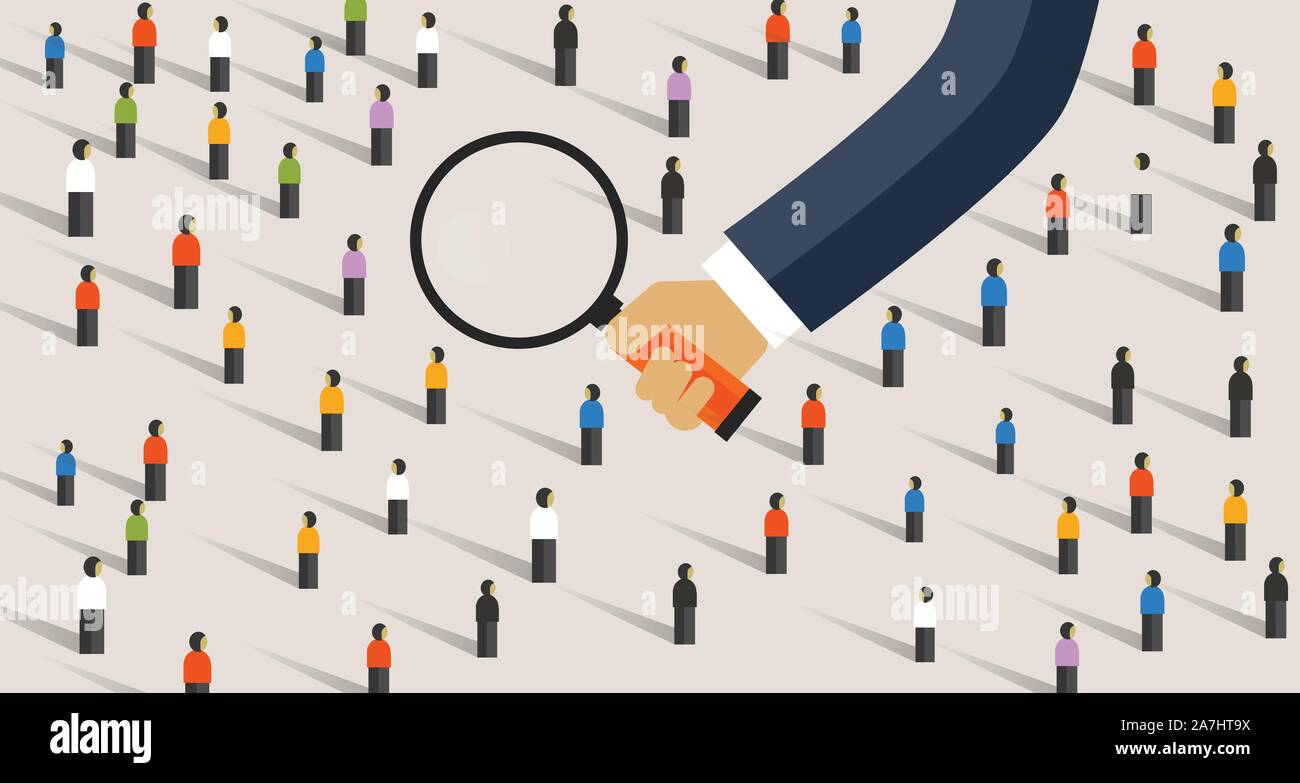Hand magnify on crowd of people. Concept of recruitment candidate ...