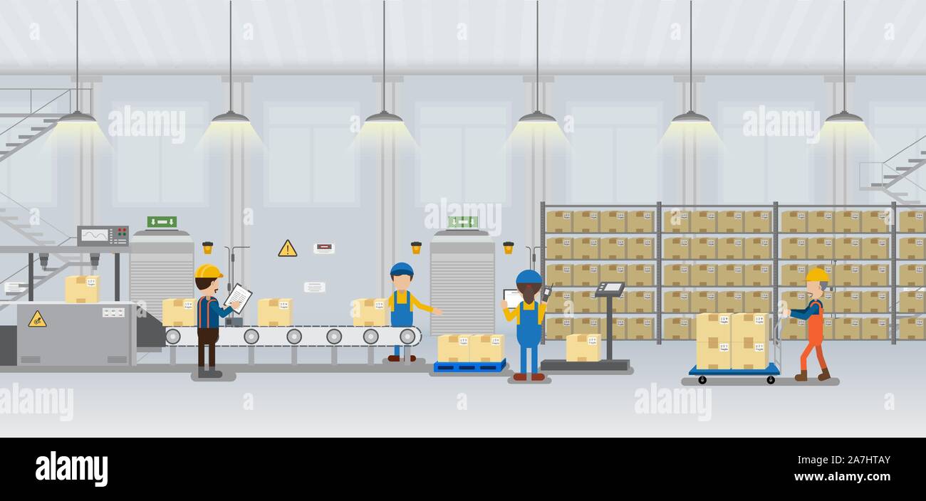 Factory production line with worker work with machine and conveyor belt ...