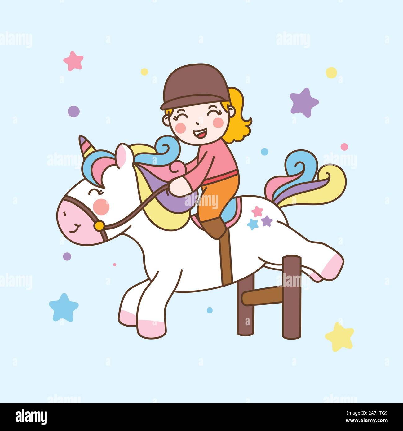 Cute Girl Ride Unicorn jump obstacles. Vector illustration Stock Vector ...