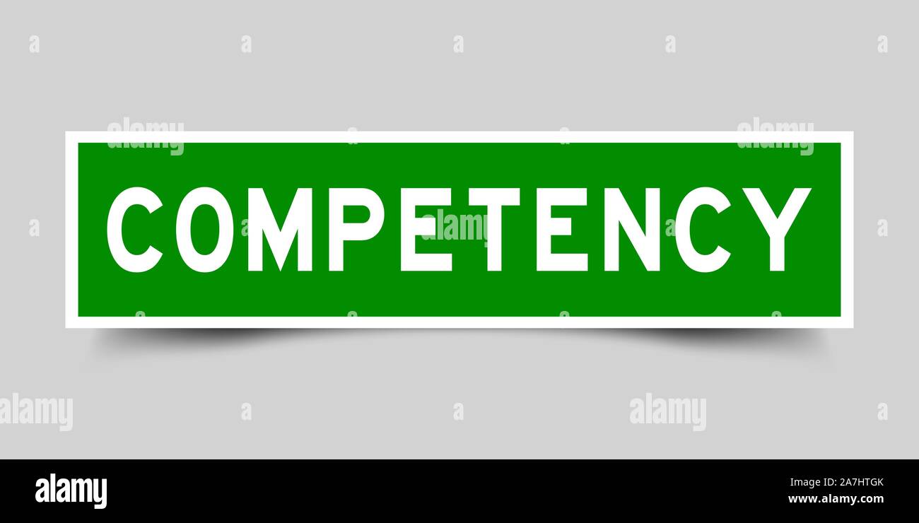 Label square green sticker in word competency on gray background ...