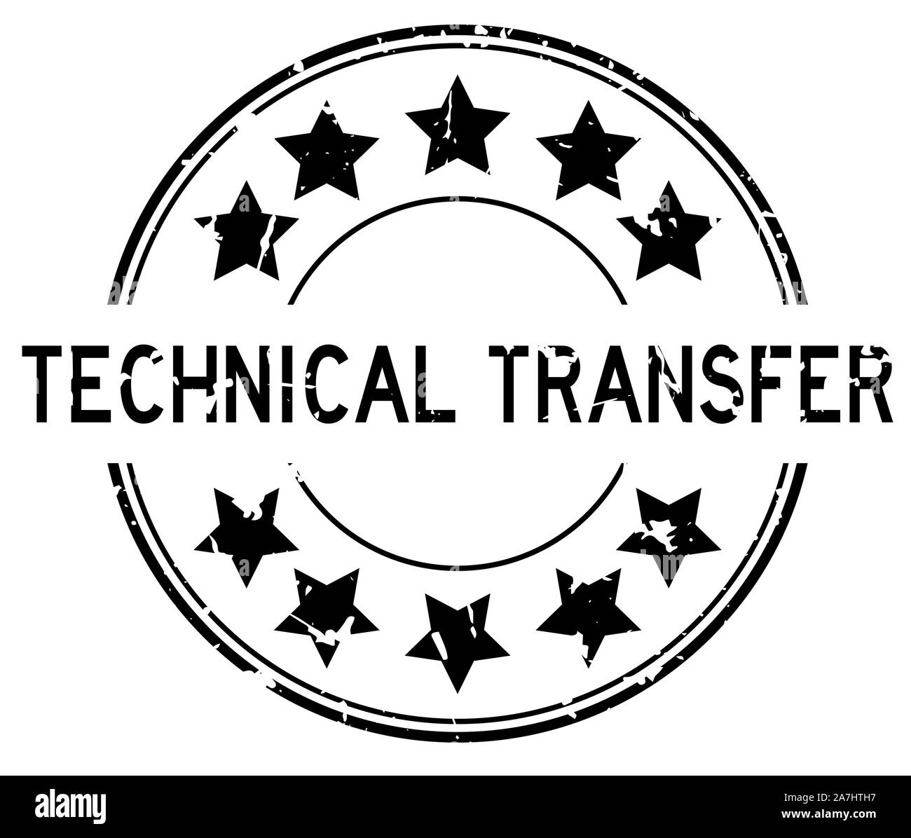 Grunge black technical transfer word with star icon round rubber seal ...