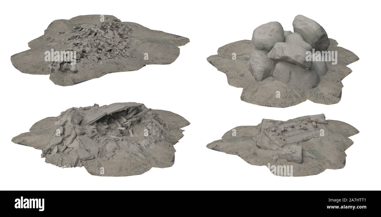 3D illustration heaps of rubble and debris isolated on white background ...