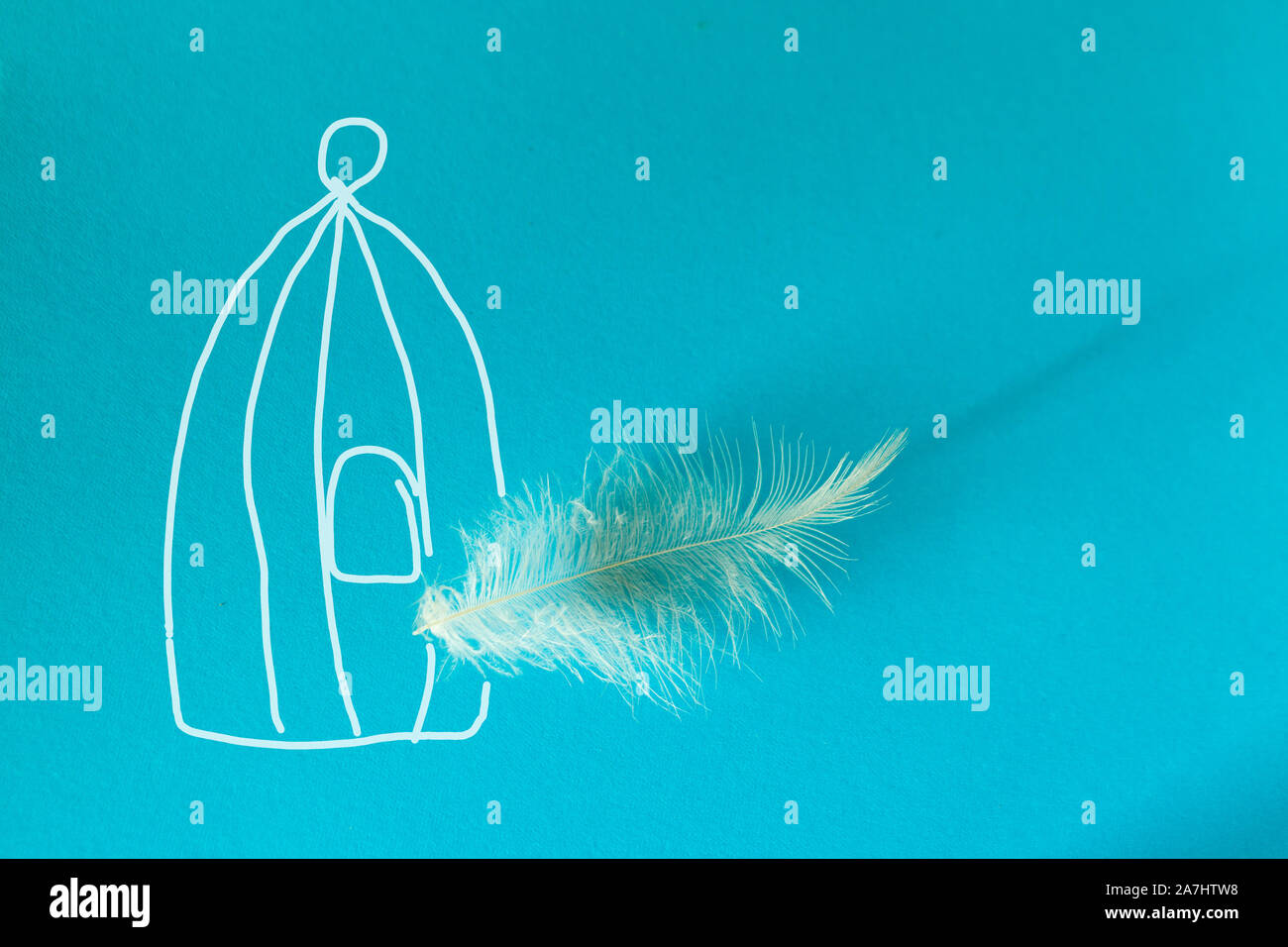 Cage with bird feather on blue background Stock Photo - Alamy