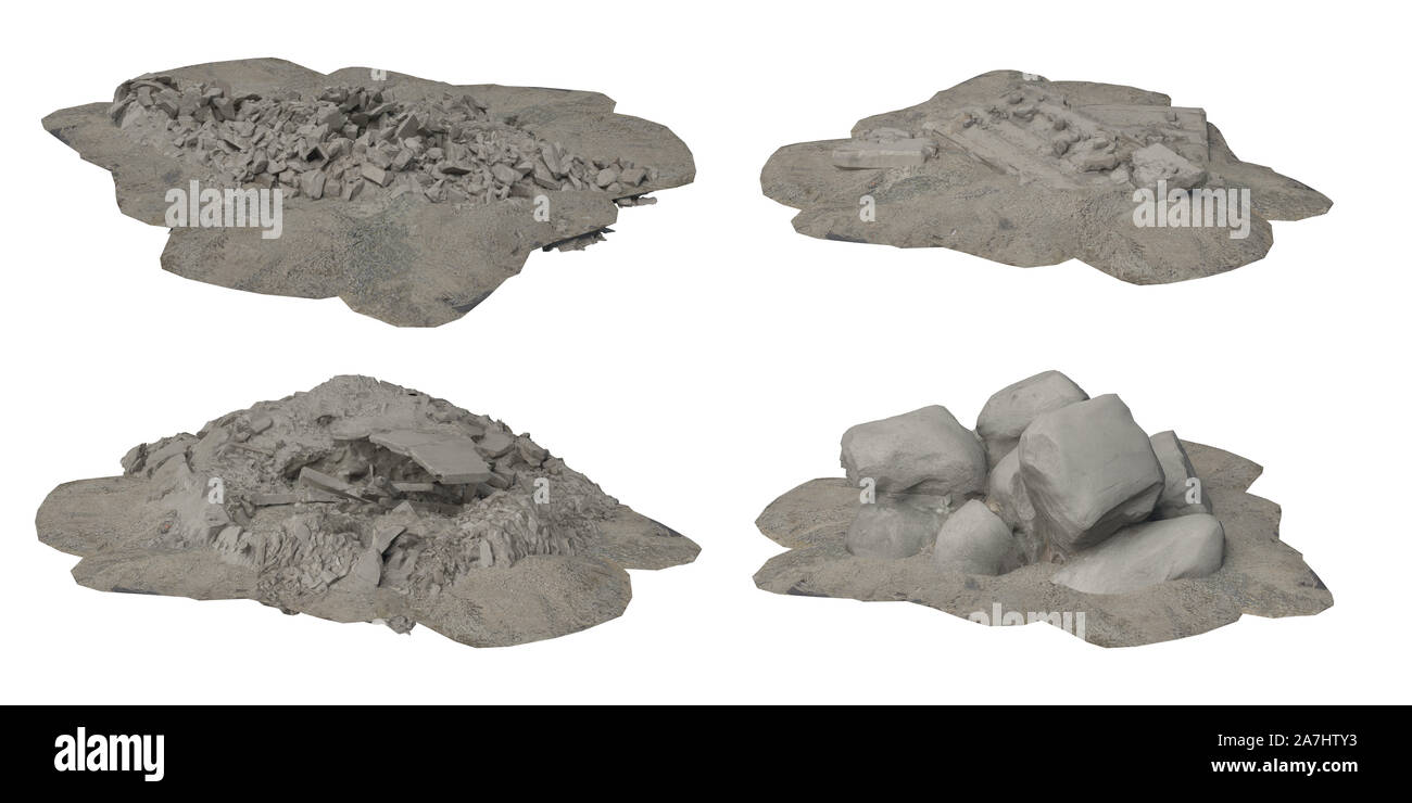 3D illustration heaps of rubble and debris isolated on white background ...