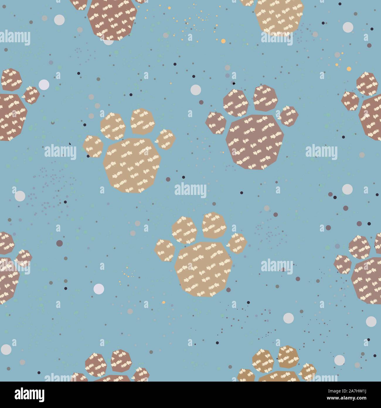Cute Pattern with Golden dog paws with pastel blue stripes on beige ...