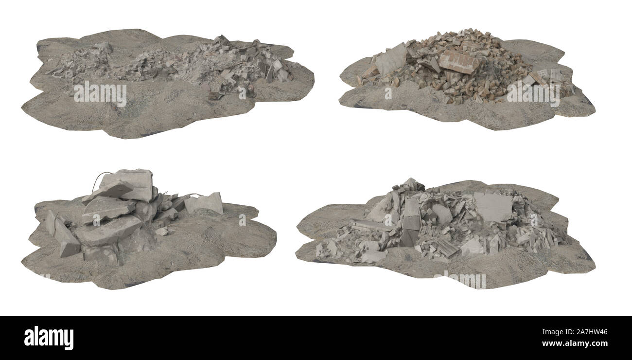 3D illustration heaps of rubble and debris isolated on white background ...