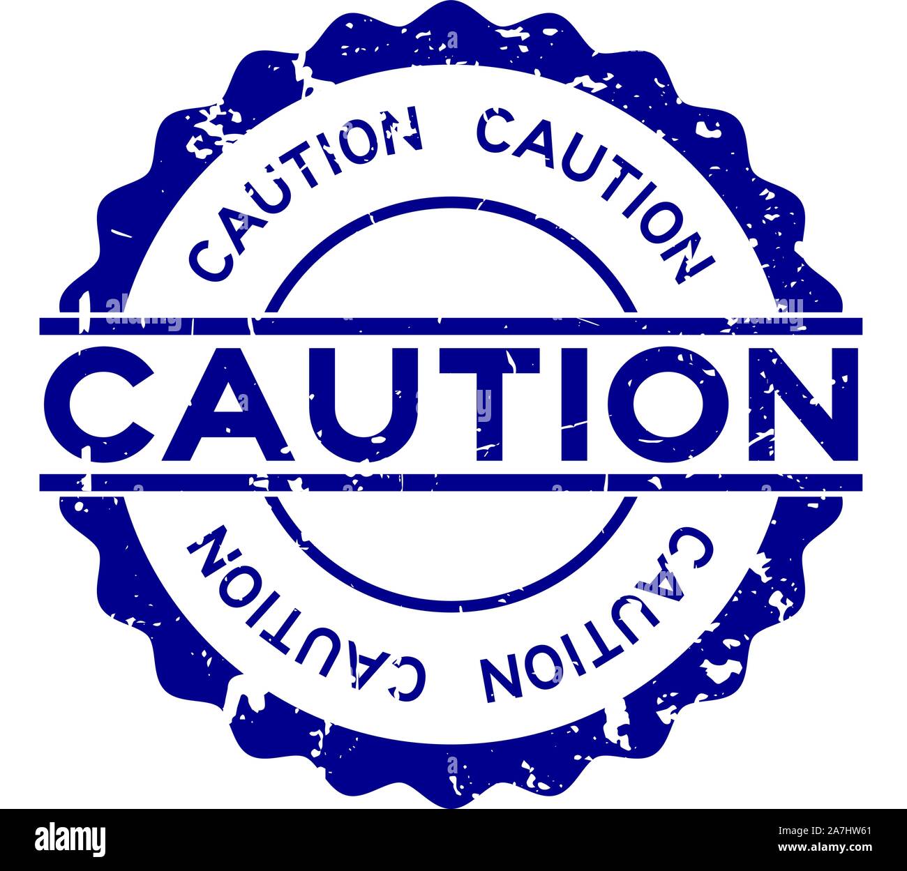 Grunge blue caution word round rubber seal stamp on white background ...